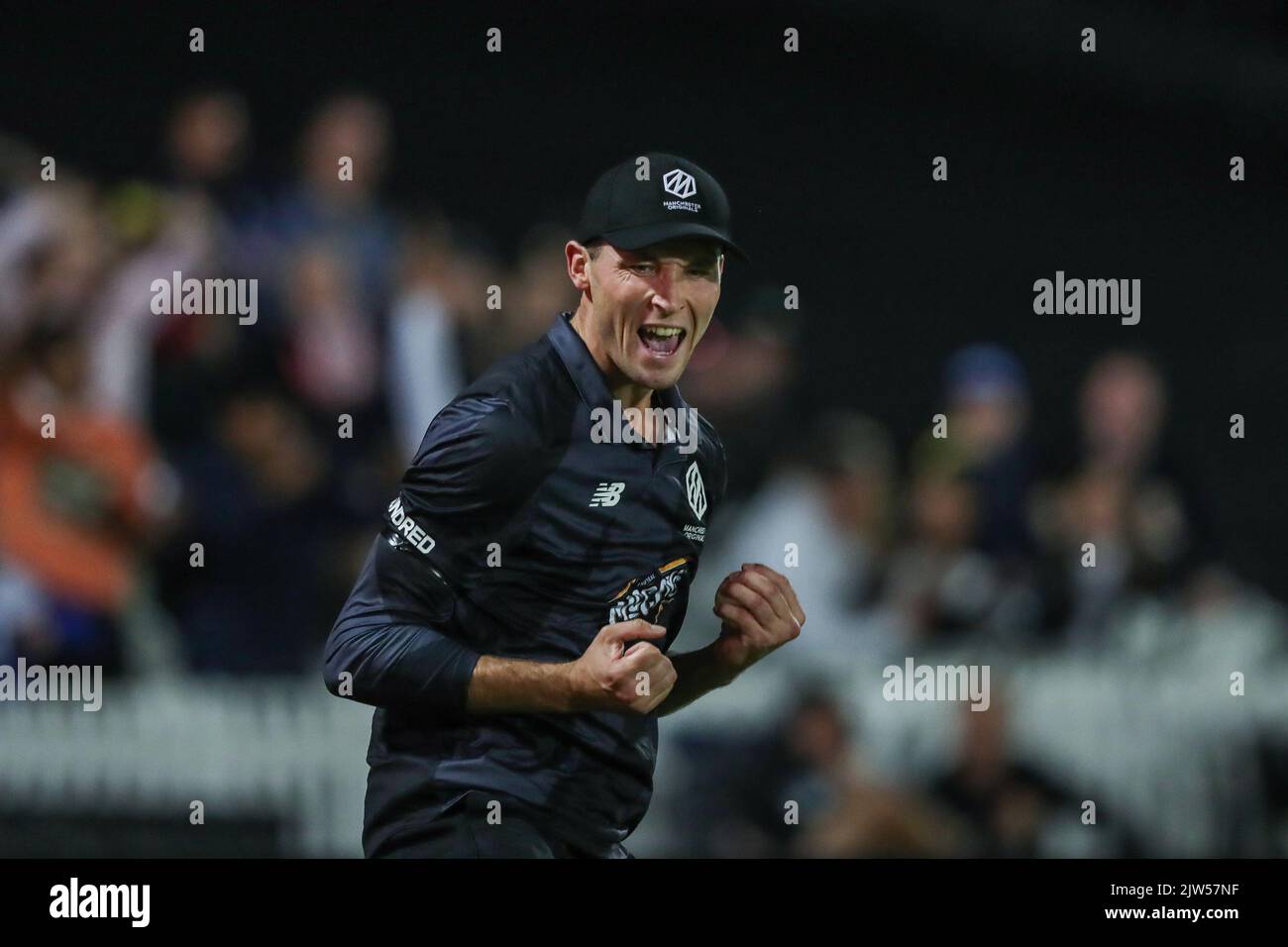 Manchester Originals' Tom Hartley celebrates after taking the catch of ...