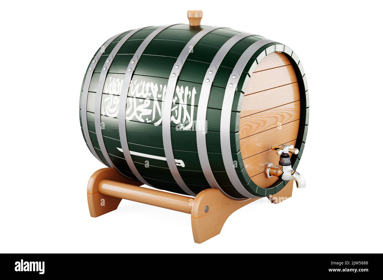 Wooden barrel with Saudi Arabian flag, 3D rendering isolated on white ...