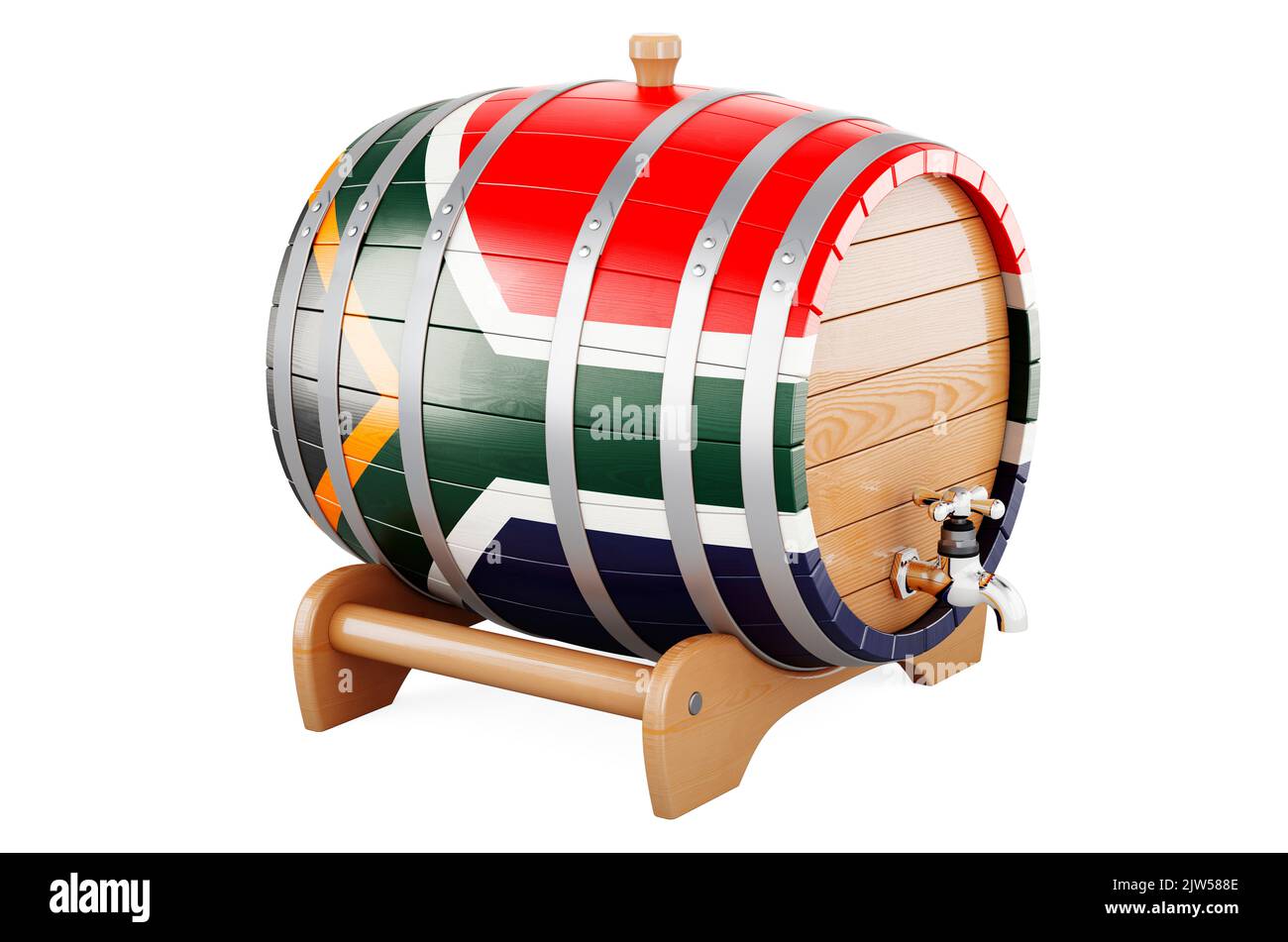 Wooden barrel with South African flag, 3D rendering isolated on white ...
