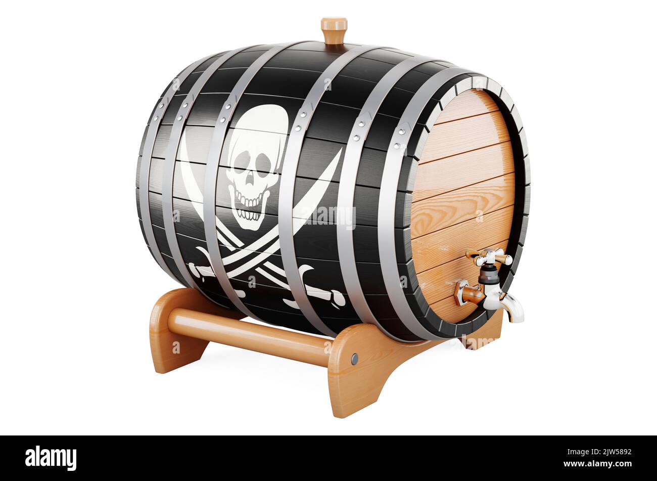 Wooden barrel with pirate flag, 3D rendering isolated on white ...