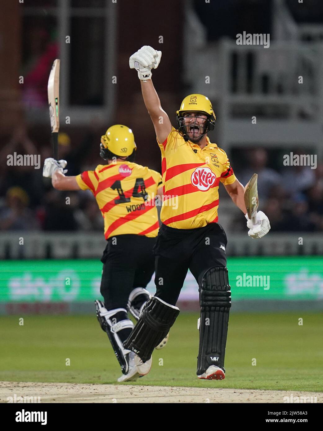 Trent Rockets' Lewis Gregory celebrates hitting the winning run during ...