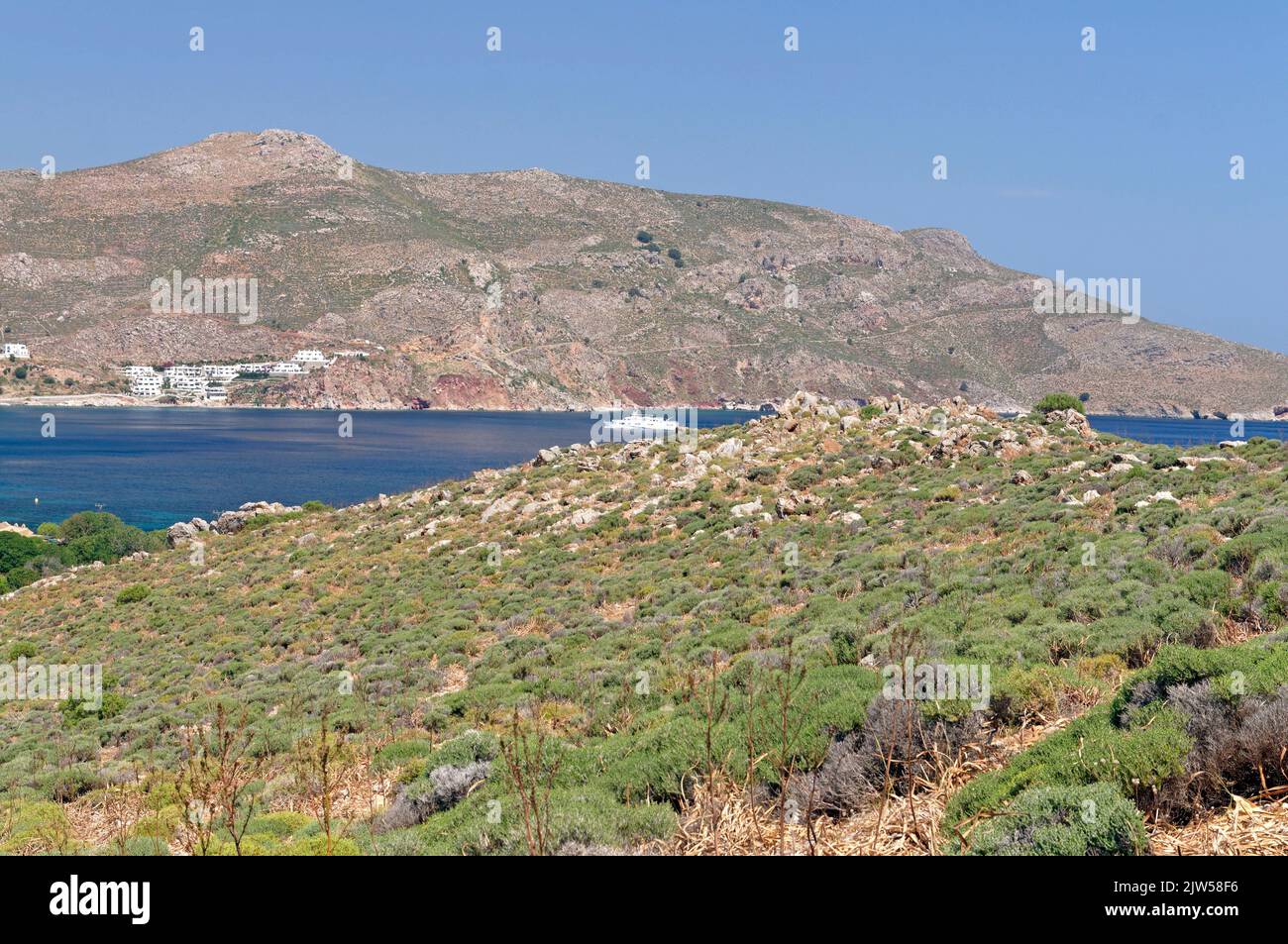 Panagia Evangelistria ferry coming into Livadia harbour, Tilos island ...