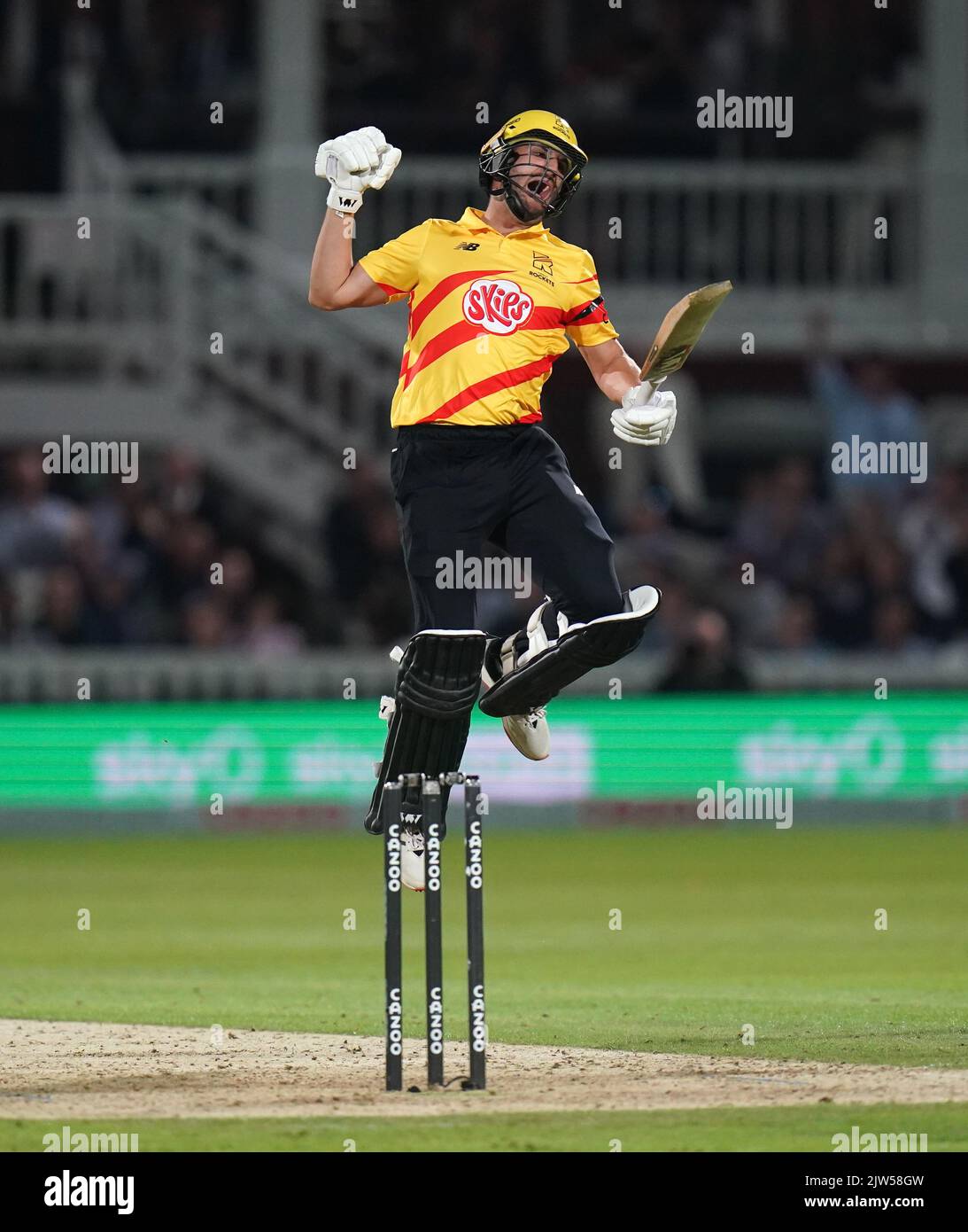 Trent Rockets' Lewis Gregory celebrates hitting the winning run during ...