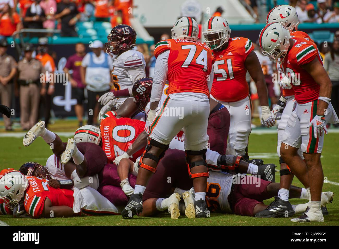Miami Gardens, FL, USA. 3rd September 2022. Miami Hurricanes 74 John ...