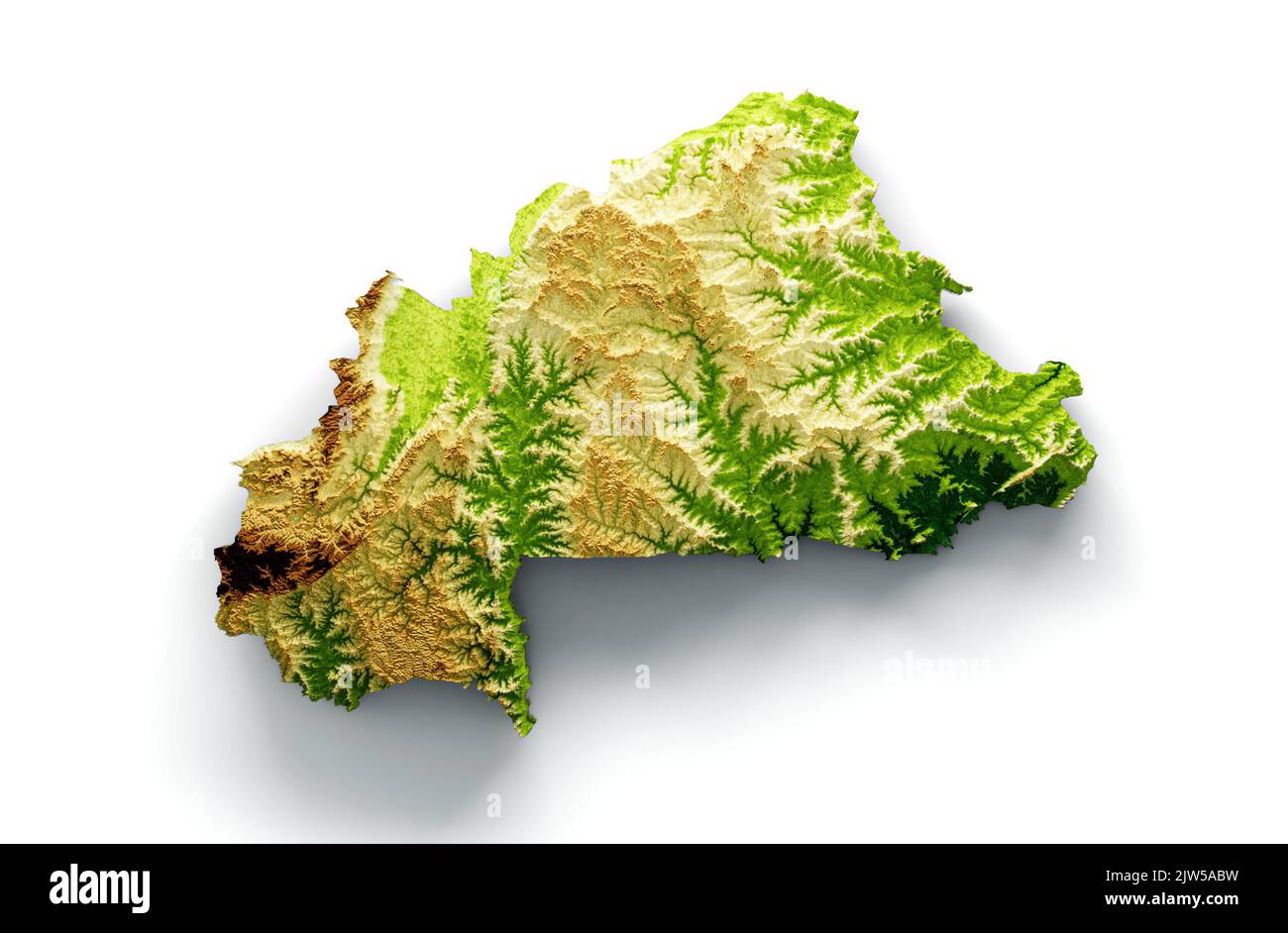 An illustrated map of Burkina Faso with shaded relief and heights ...