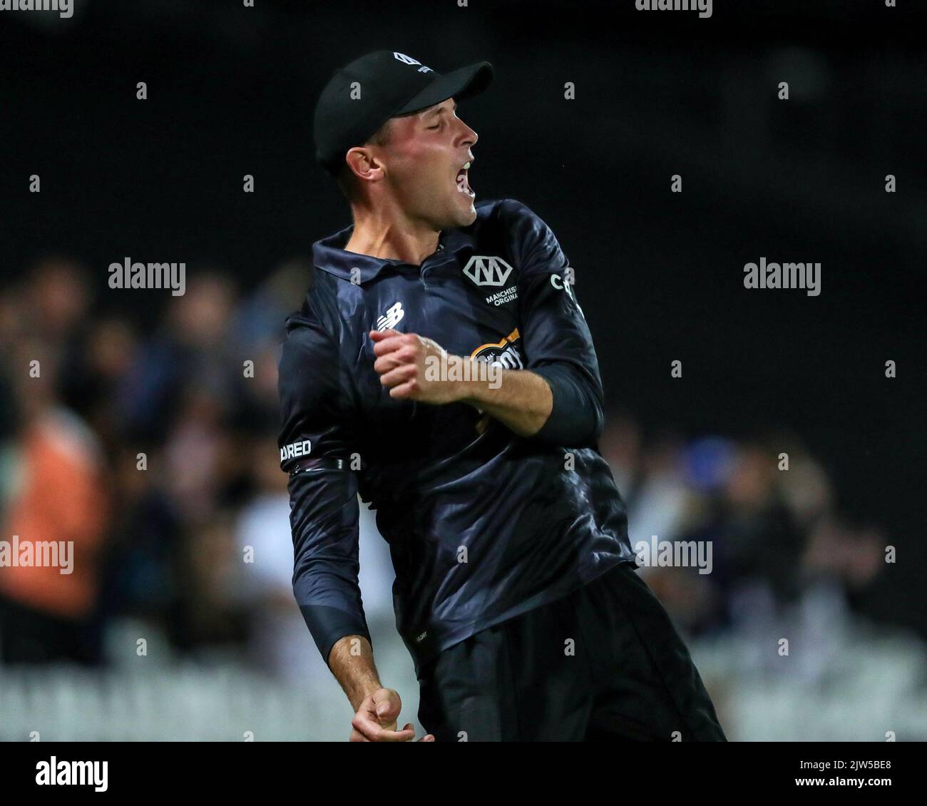 Manchester Originals' Tom Hartley celebrates after taking the catch of ...