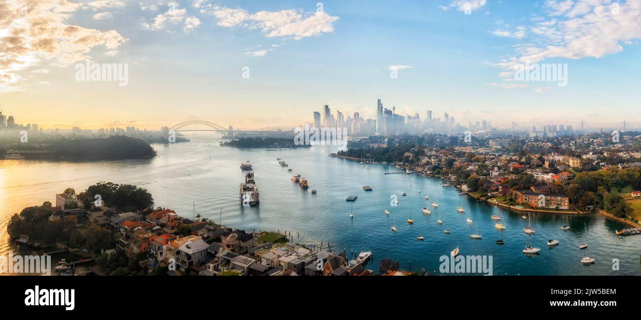Parramatta river bays in Sydney city at sunny morning with fog in short ...