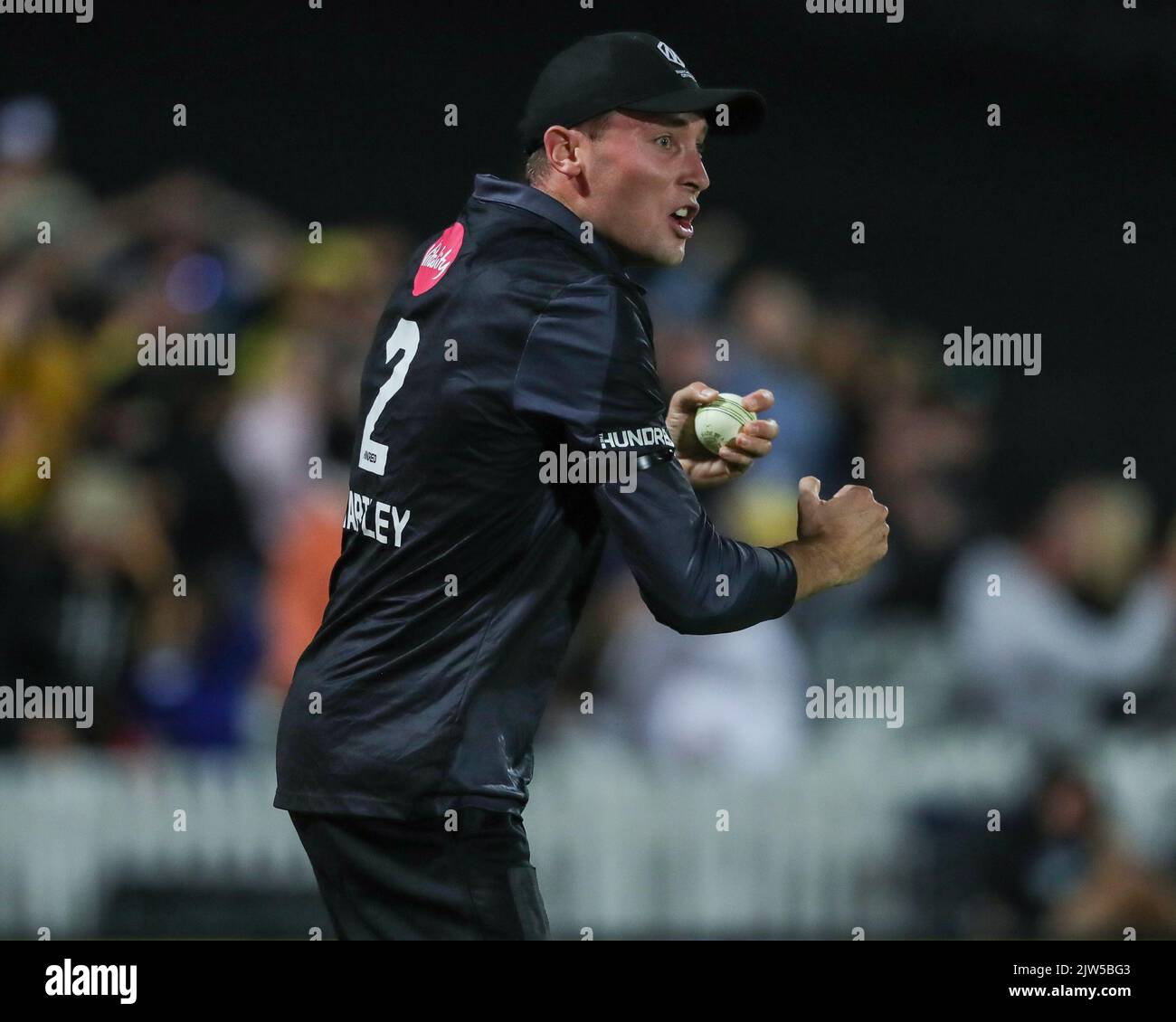 Manchester Originals' Tom Hartley celebrates after taking the catch of ...