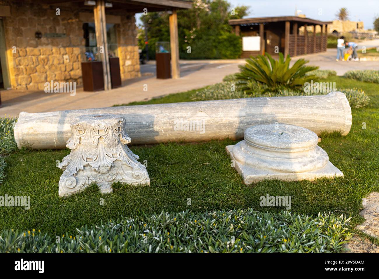 CAESAREA, Israel - August 2022, capital of column in Caesarea National Park - Ruins of ancient ...