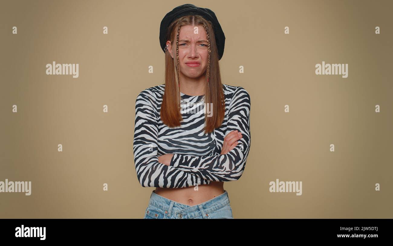 Dissatisfied pretty young woman asking reason of failure, expressing ...