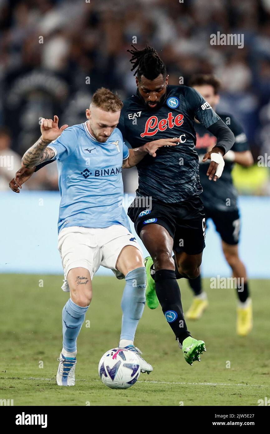 Rome, Italy. 3rd Sep, 2022. Manuel Lazzari, left, of Lazio, and Frank Anguissa, of Napoli, fight ...