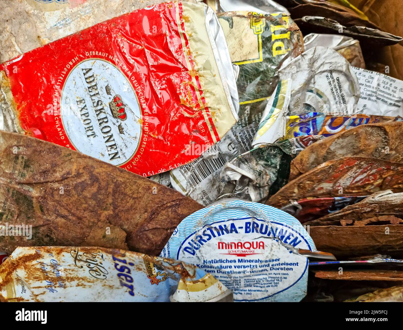Hamburg, Germany - 03 September 2022: A pile of rusty beer cans of ...