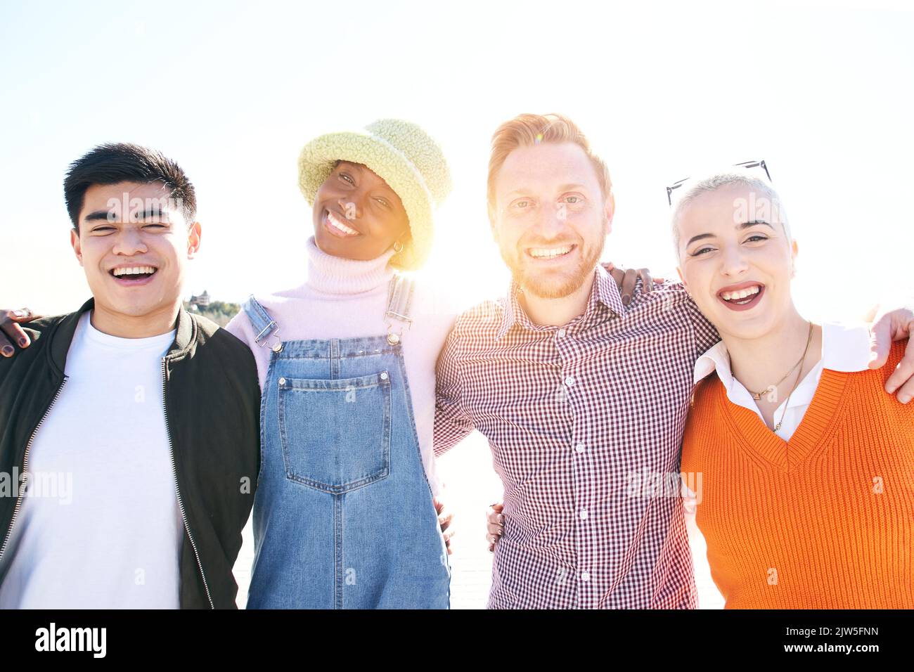 Happy portrait of Smiling group of multicultural friends looking at the ...