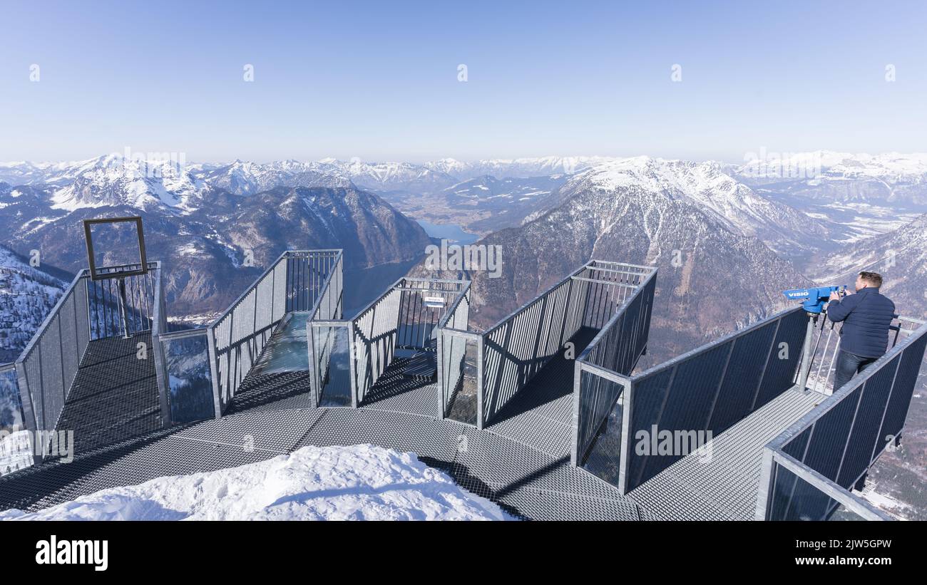 Viewing platform above winter alpine landscape with valley, mountains ...