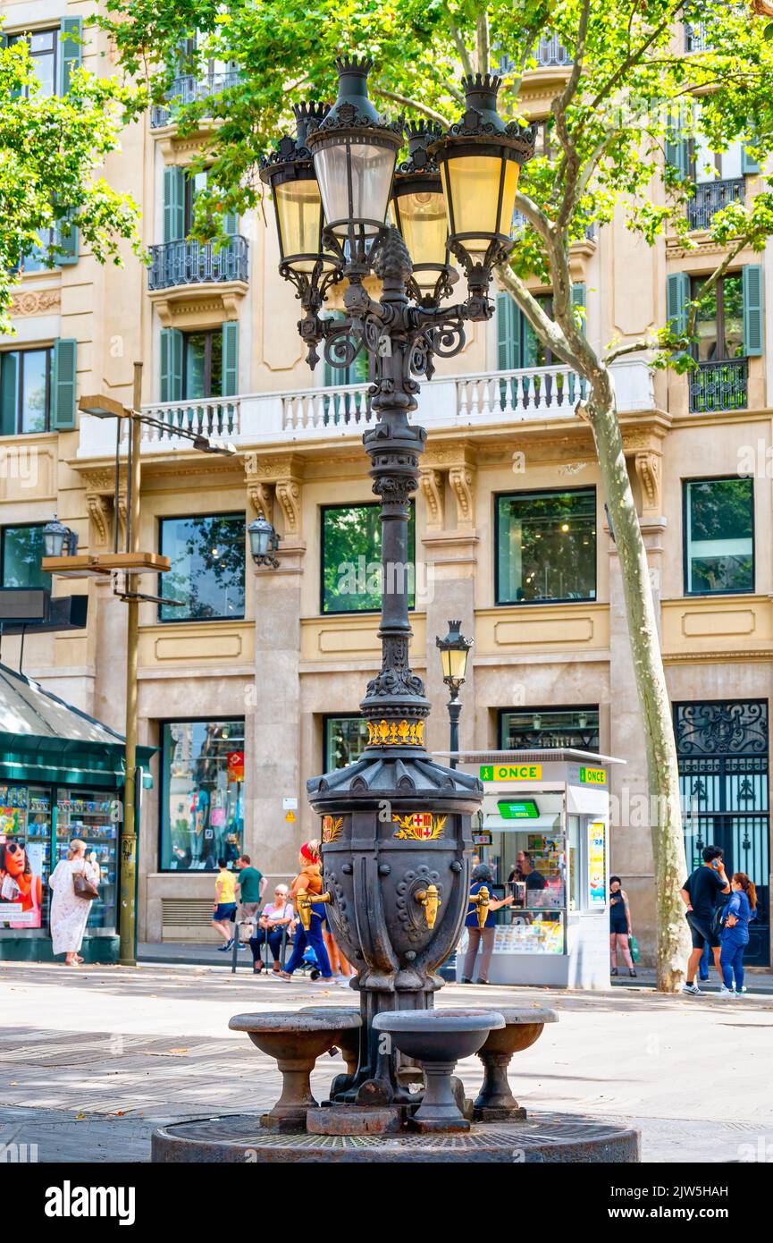 Colonial-style street lamp with a drinking water fountain in the lower ...