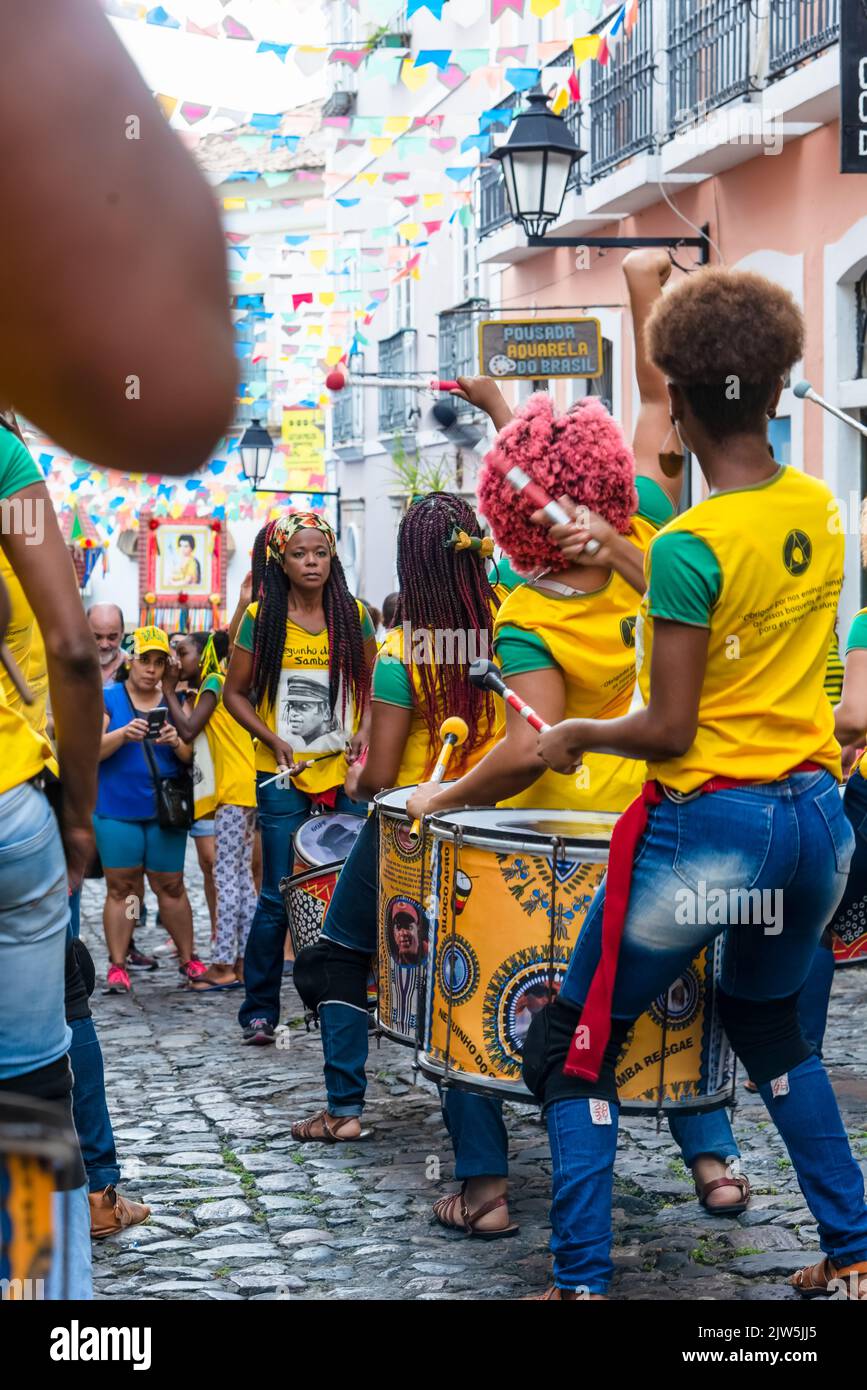Dida Band members play percussion instruments at Pelourinho in Salvador ...