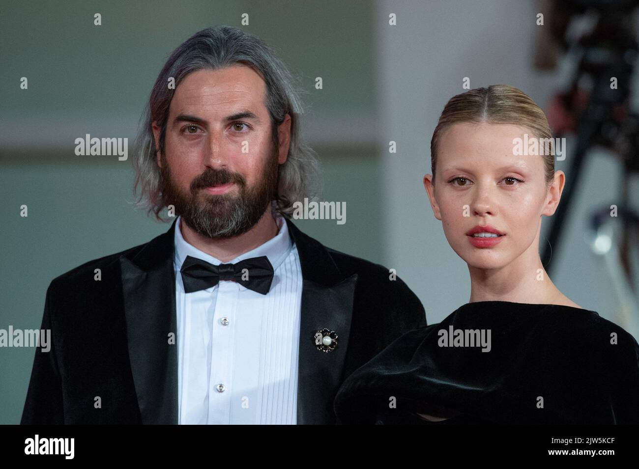Mia Goth and Ti West arriving at the Pearl Premiere during the 79th Venice International Film ...