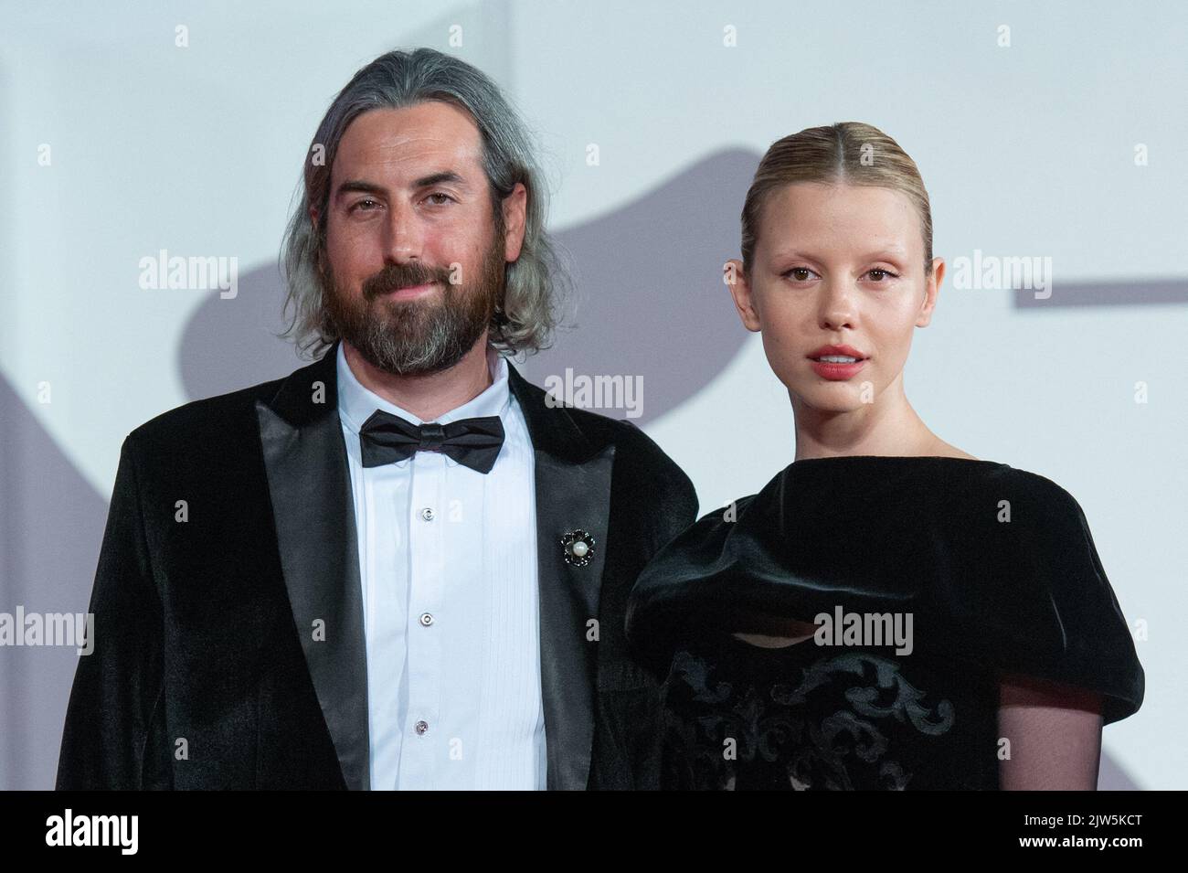 Mia Goth and Ti West arriving at the Pearl Premiere during the 79th Venice International Film ...