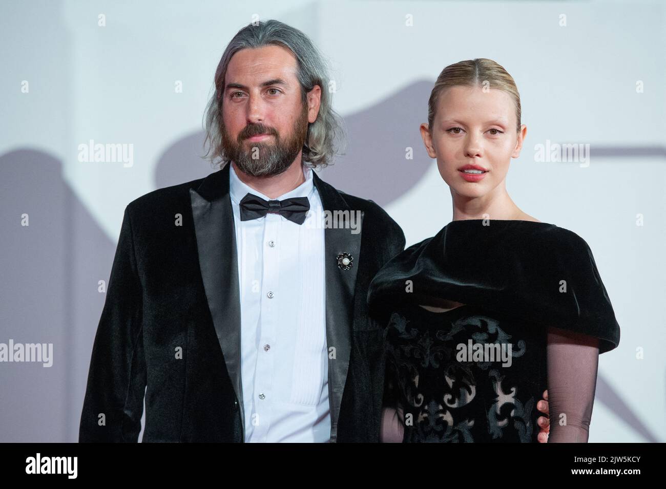 Mia Goth and Ti West arriving at the Pearl Premiere during the 79th Venice International Film ...