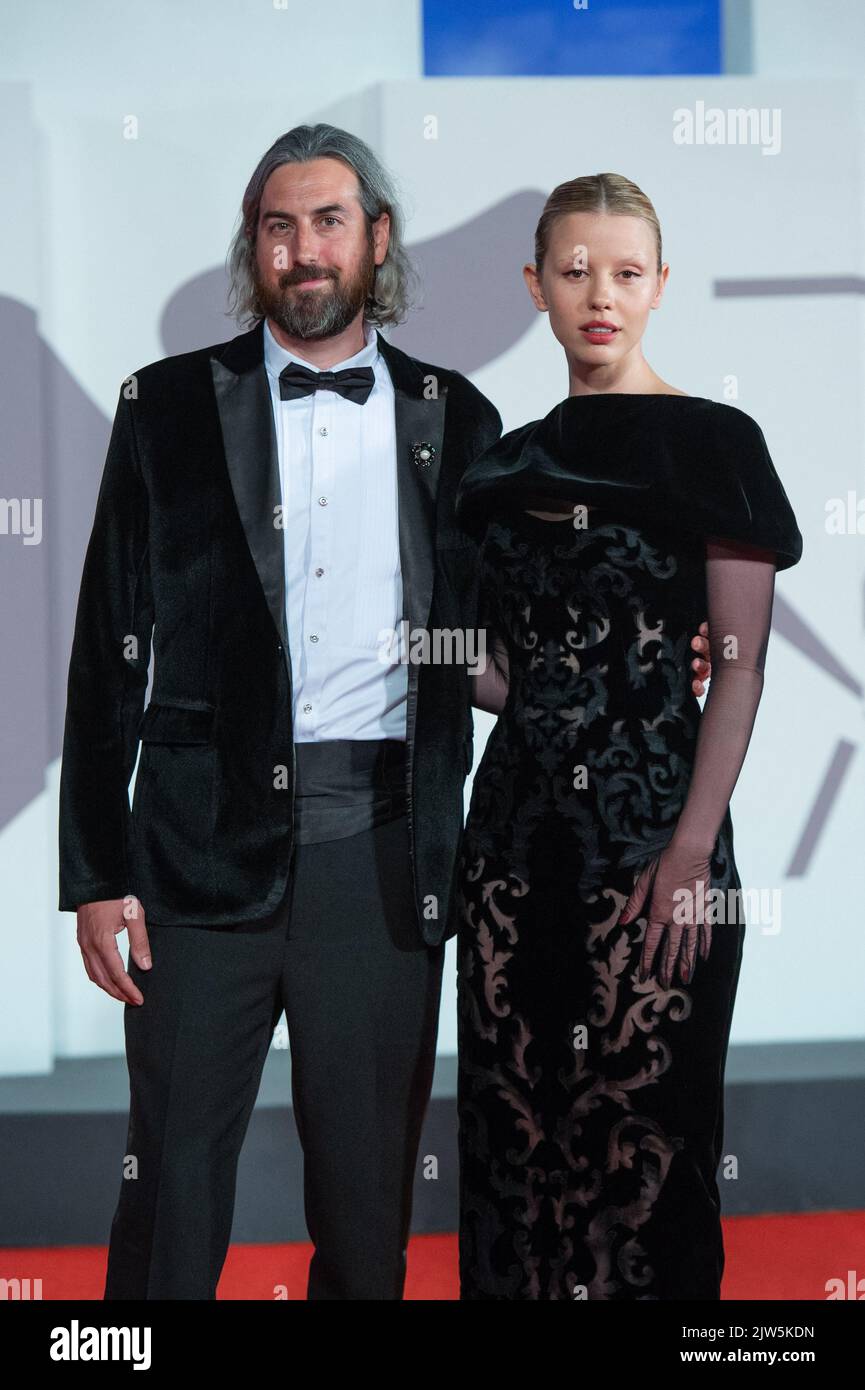 Mia Goth and Ti West arriving at the Pearl Premiere during the 79th Venice International Film ...