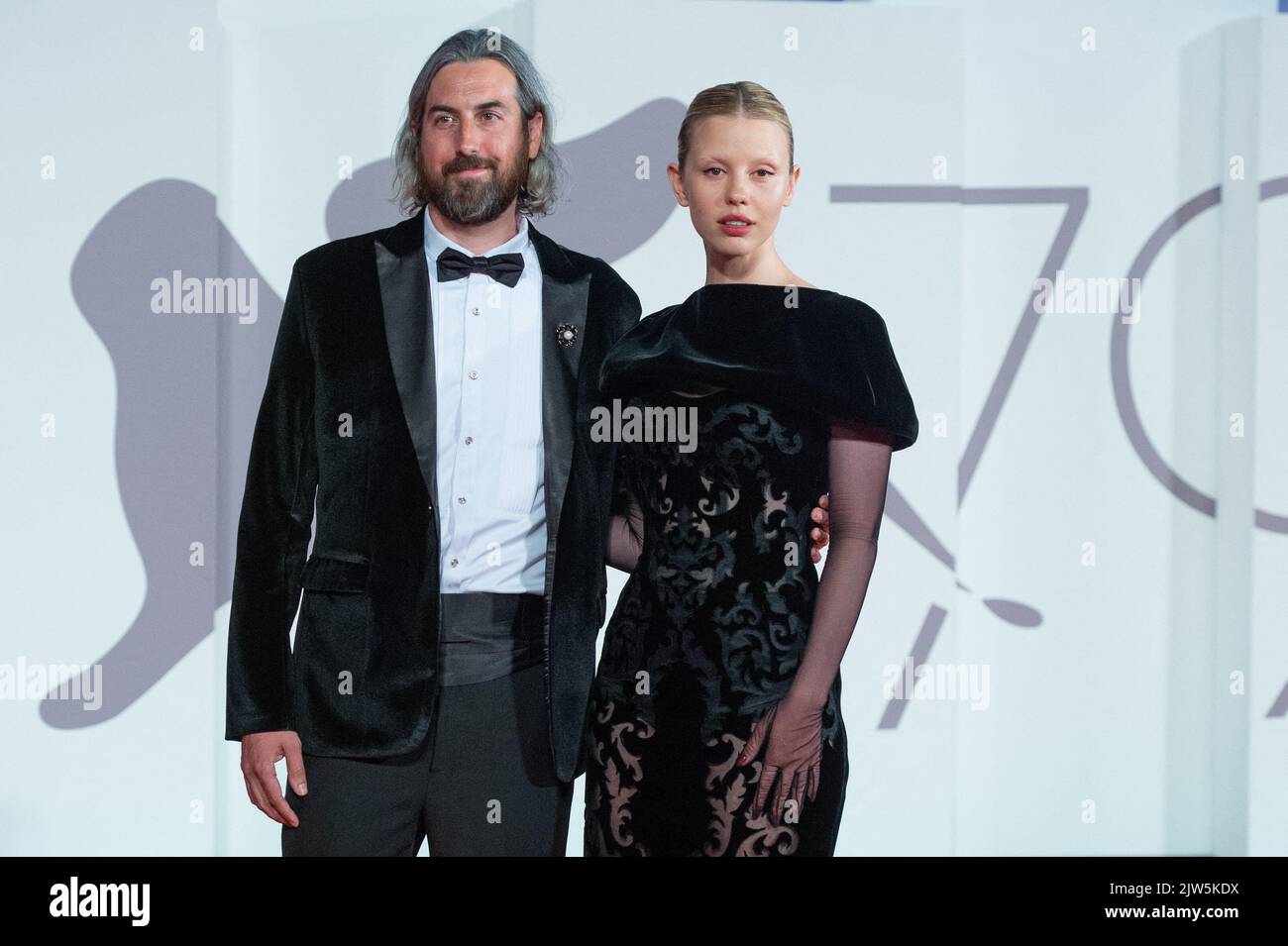 Mia Goth and Ti West arriving at the Pearl Premiere during the 79th Venice International Film ...