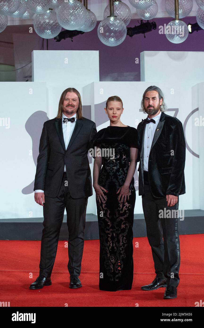 Jacob Jaffke, Mia Goth and Ti West arriving at the Pearl Premiere during the 79th Venice ...