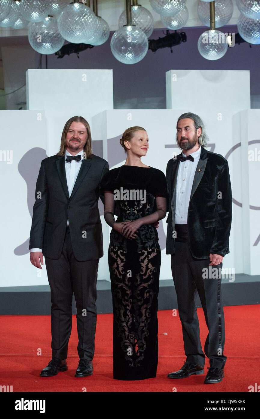 Jacob Jaffke, Mia Goth and Ti West arriving at the Pearl Premiere during the 79th Venice ...