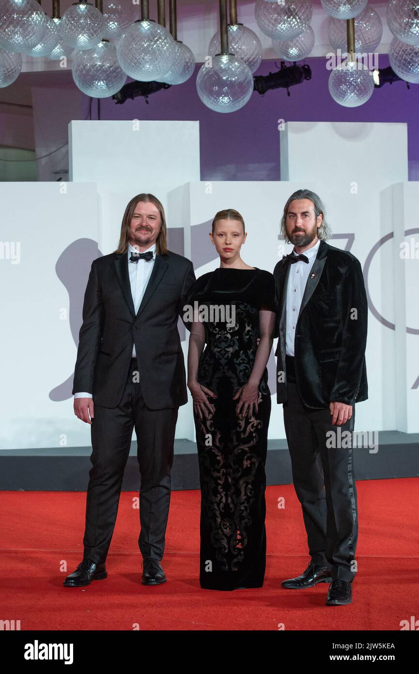 Jacob Jaffke, Mia Goth and Ti West arriving at the Pearl Premiere during the 79th Venice ...