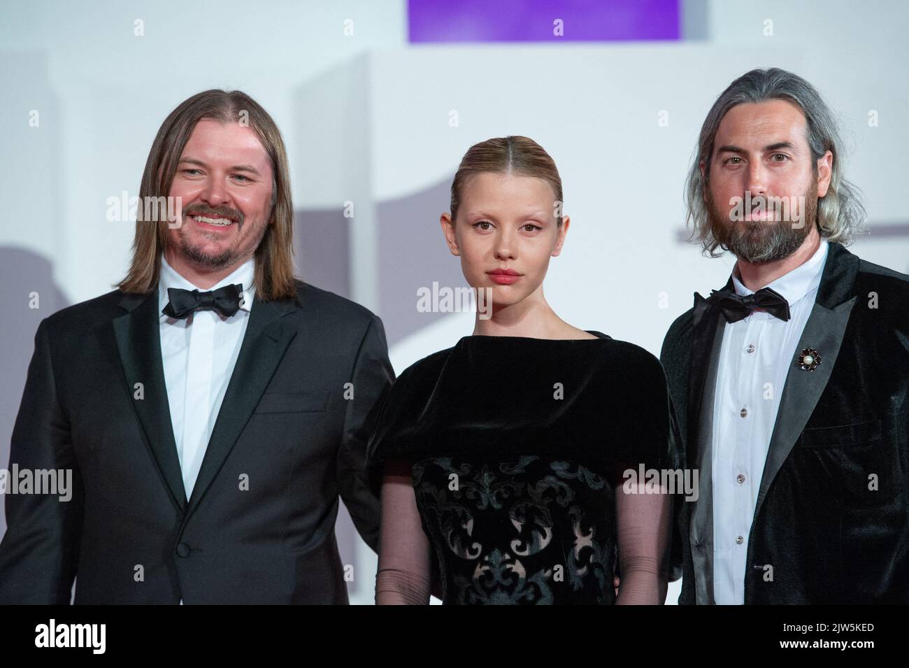 Jacob Jaffke, Mia Goth and Ti West arriving at the Pearl Premiere during the 79th Venice ...