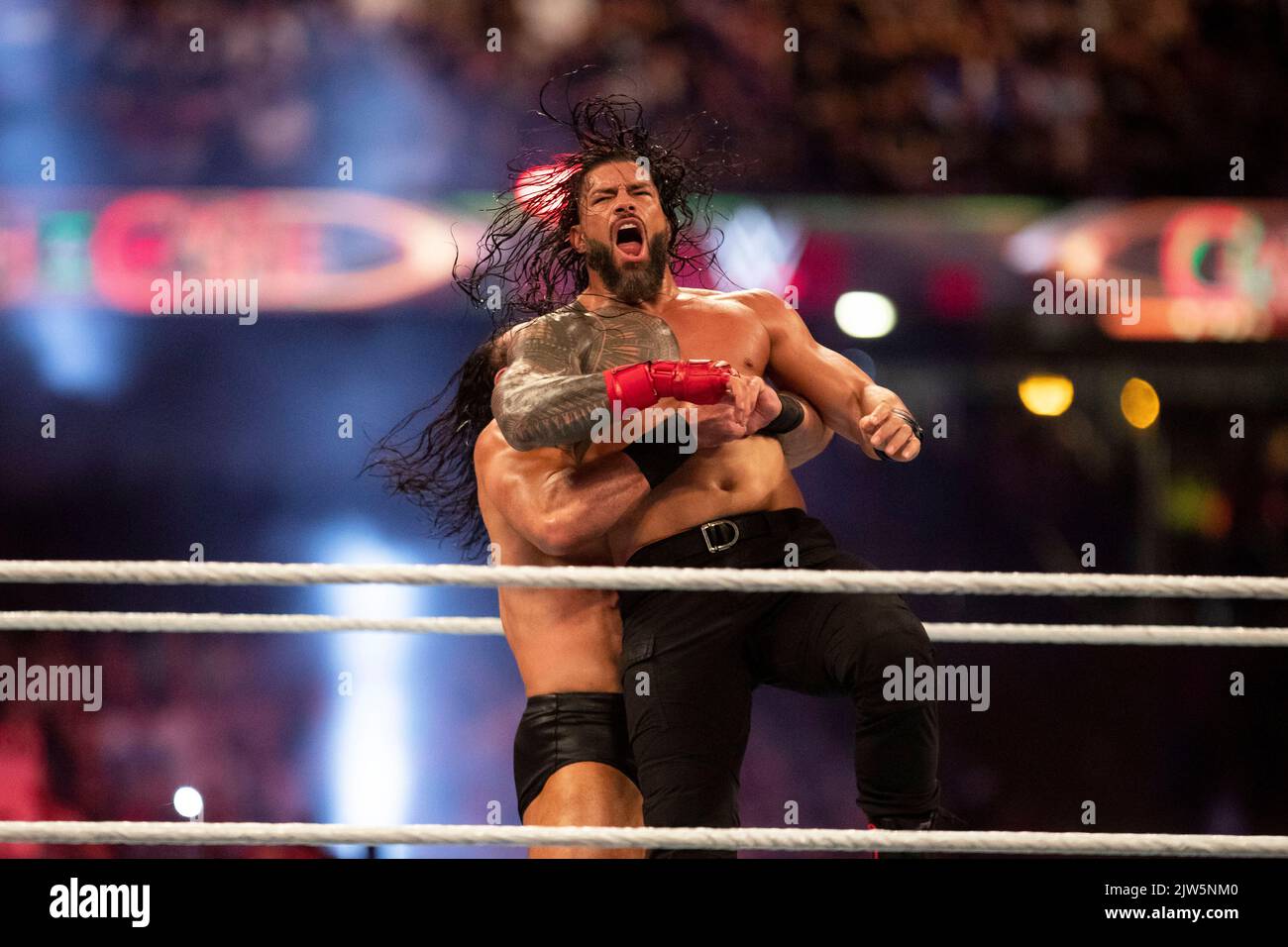 Cardiff, Wales, UK. 3rd Sep, 2022. Roman Reigns and Drew McIntyre ...
