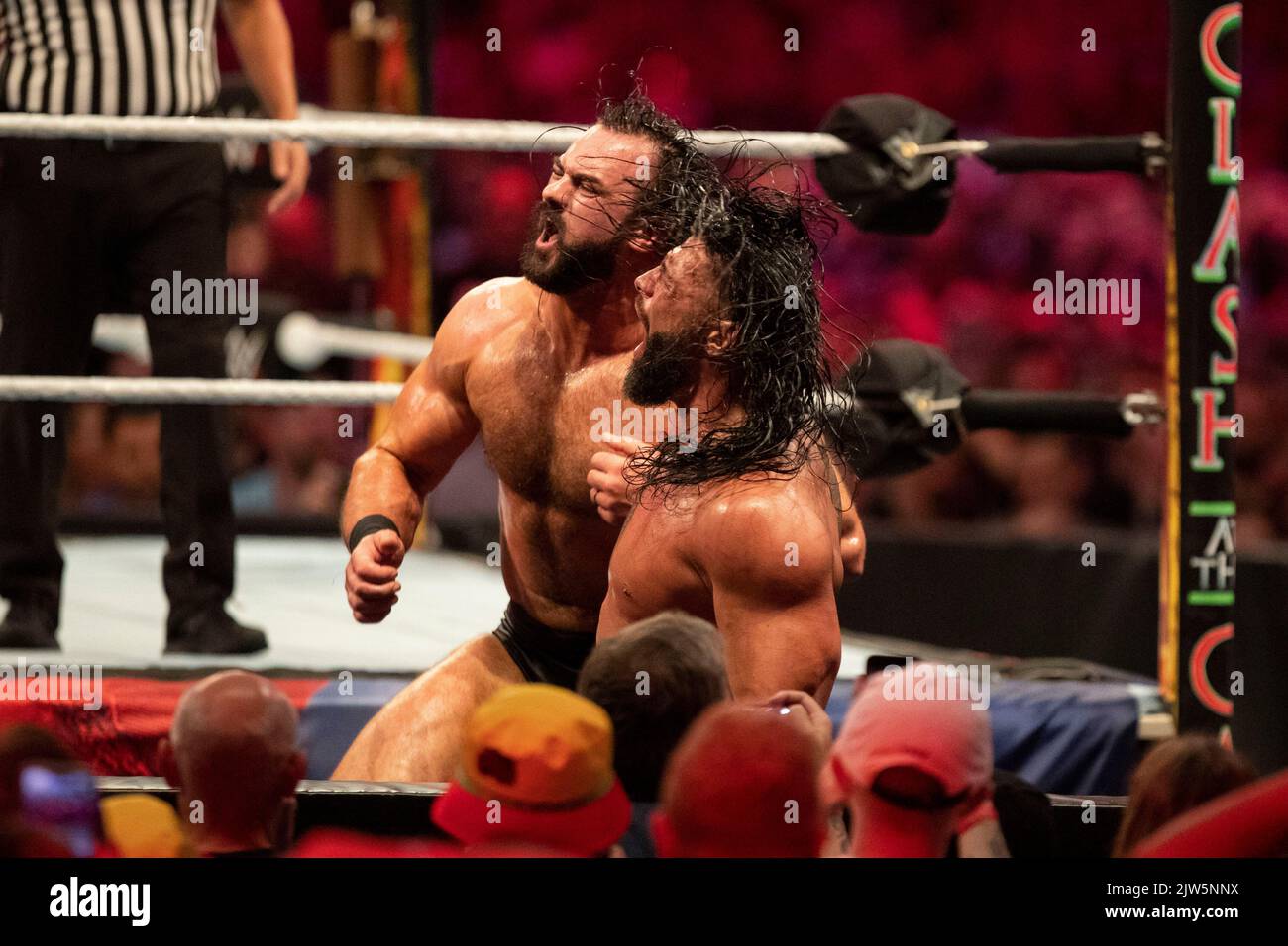 Cardiff, Wales, UK. 3rd Sep, 2022. Roman Reigns and Drew McIntyre ...