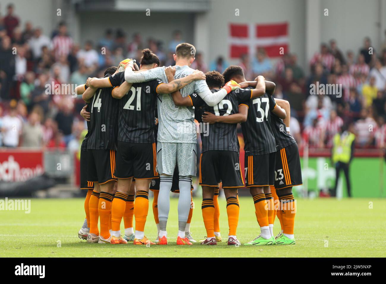 Leeds players huddle before kick off during the Premier League match ...