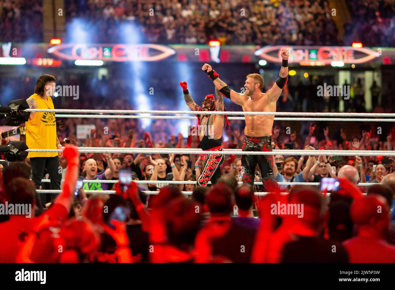 Cardiff, Wales, UK. 3rd Sep, 2022. Edge & Rey Mysterio celebrate their ...