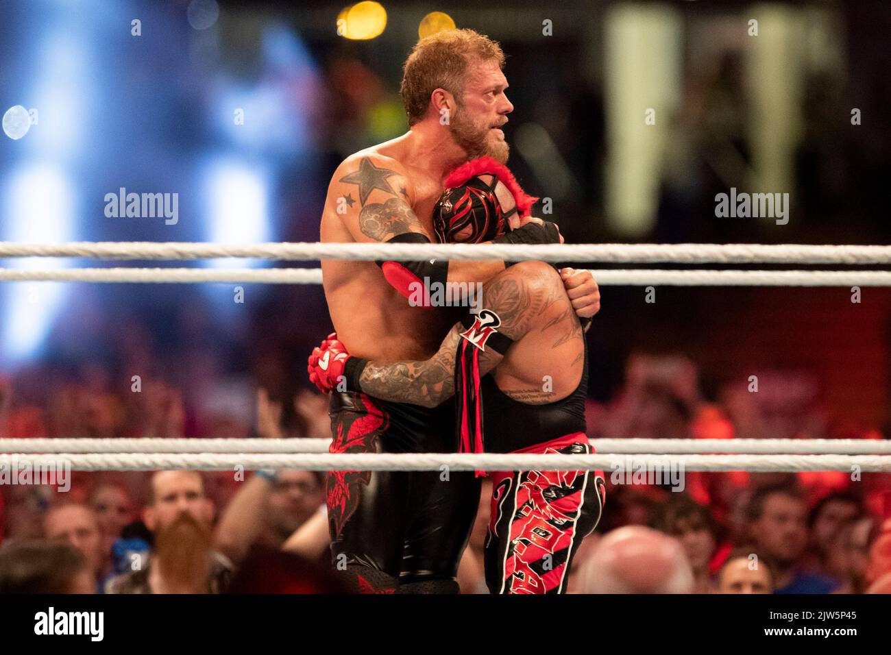 Cardiff, Wales, UK. 3rd Sep, 2022. The Edge & Rey Mysterio embrace ...