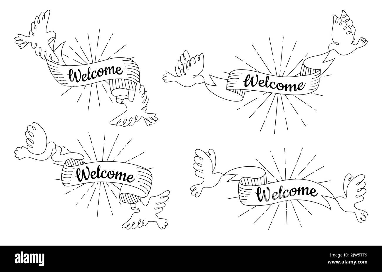Welcome ribbon banners with bird set. Vintage dove holding tape band ...