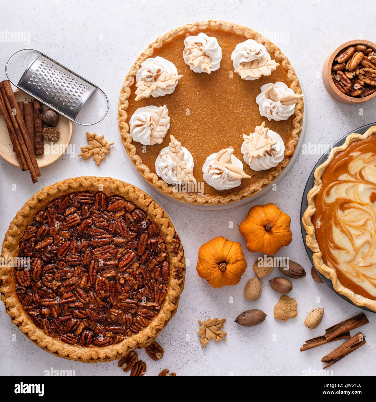 Traditional fall Thanksgiving pies, pumpkin and pecan pie Stock Photo ...