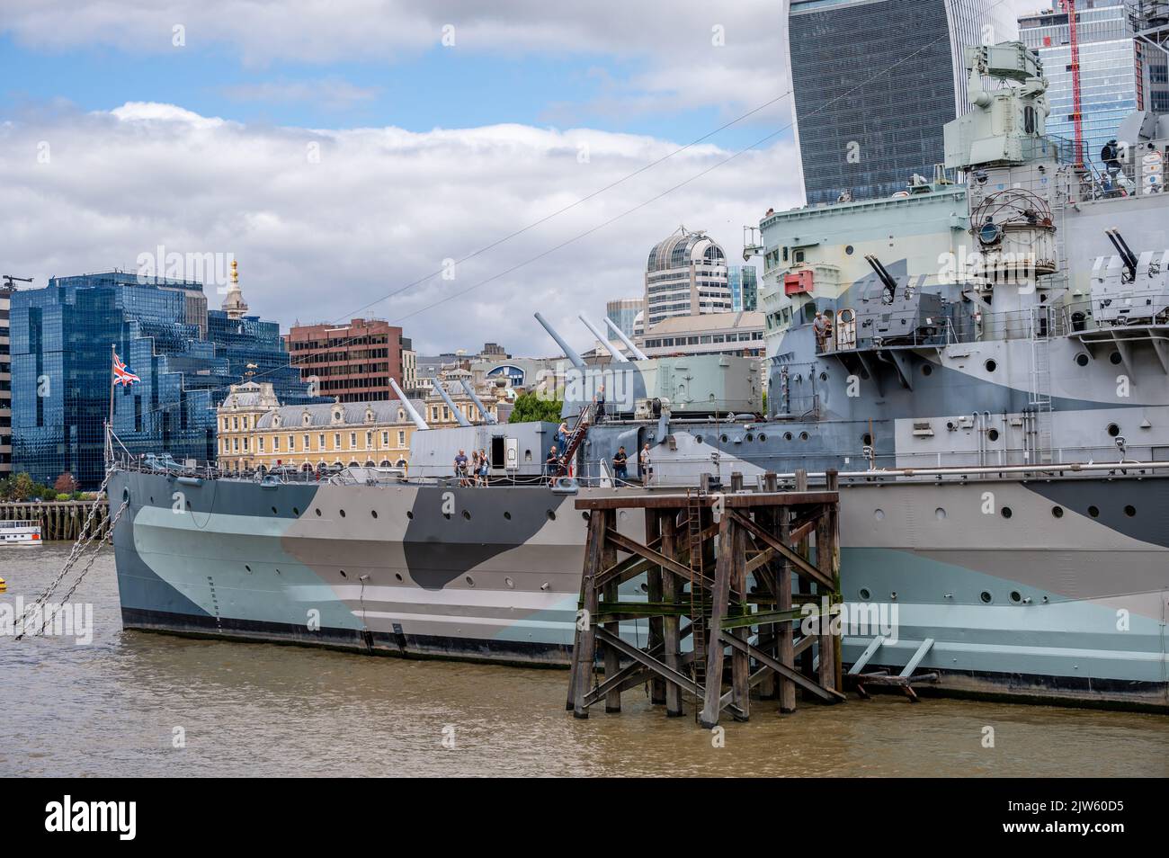 London, UK - August 21, 2022: The HMS Belfast warship on the river ...