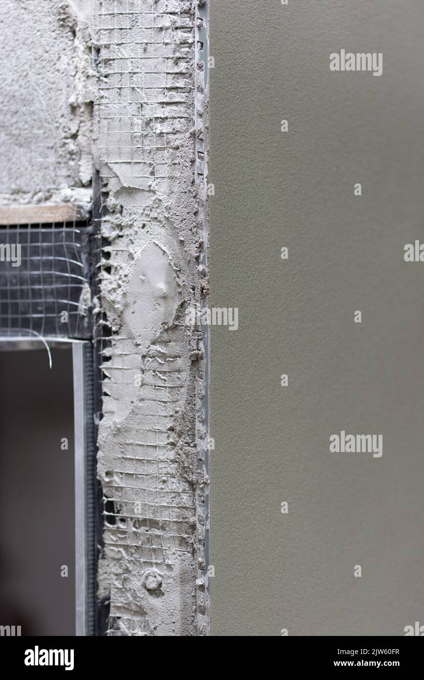 Wire mesh prevents wall plaster layer drying out and cracking Stock ...