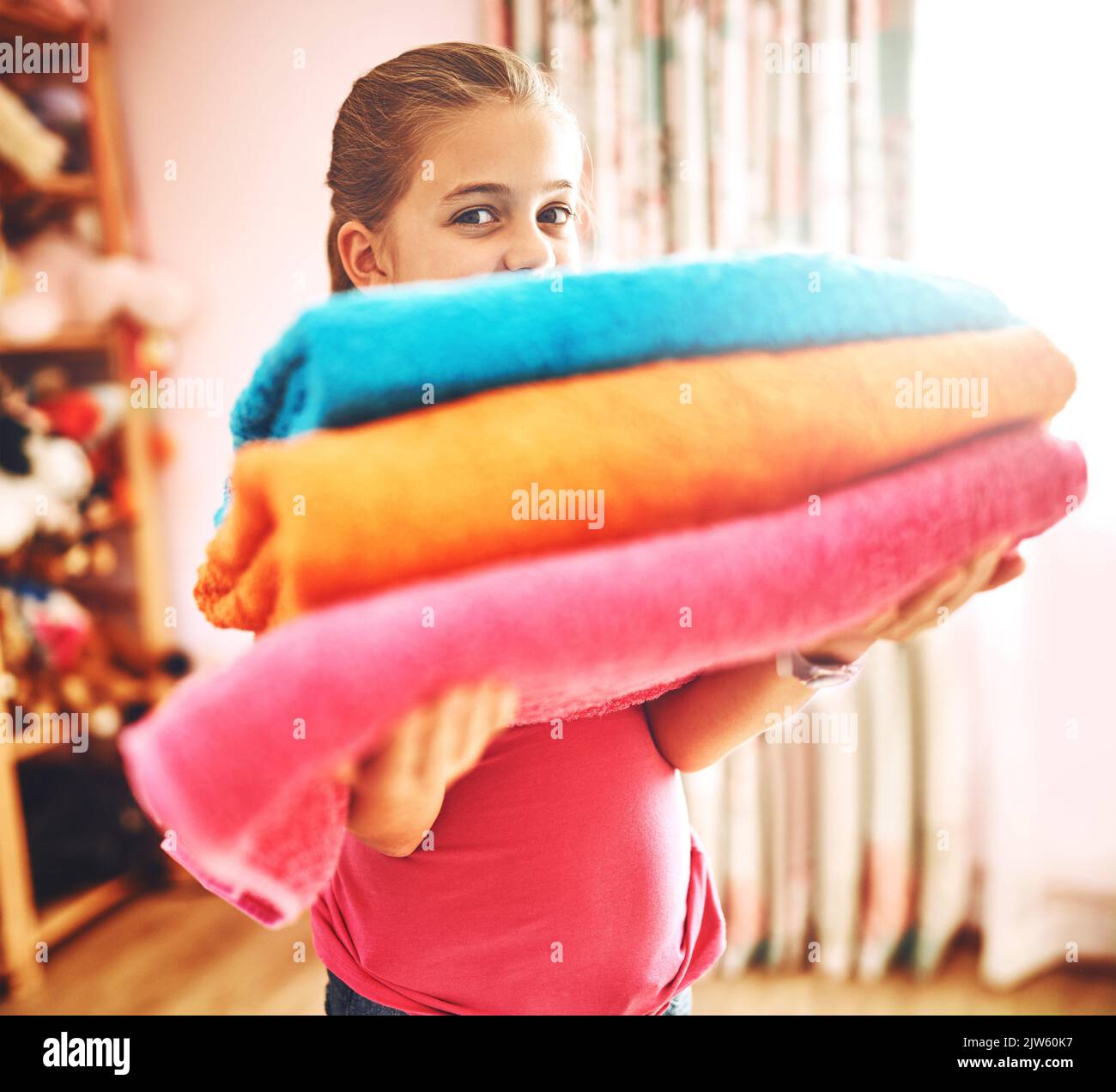 These are my favorite colors. Portrait of a cheerful little girl ...