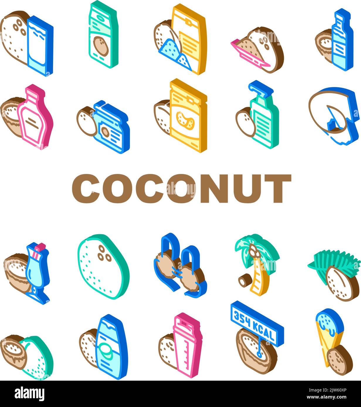 coconut coco fruit white tropical icons set vector Stock Vector Image ...