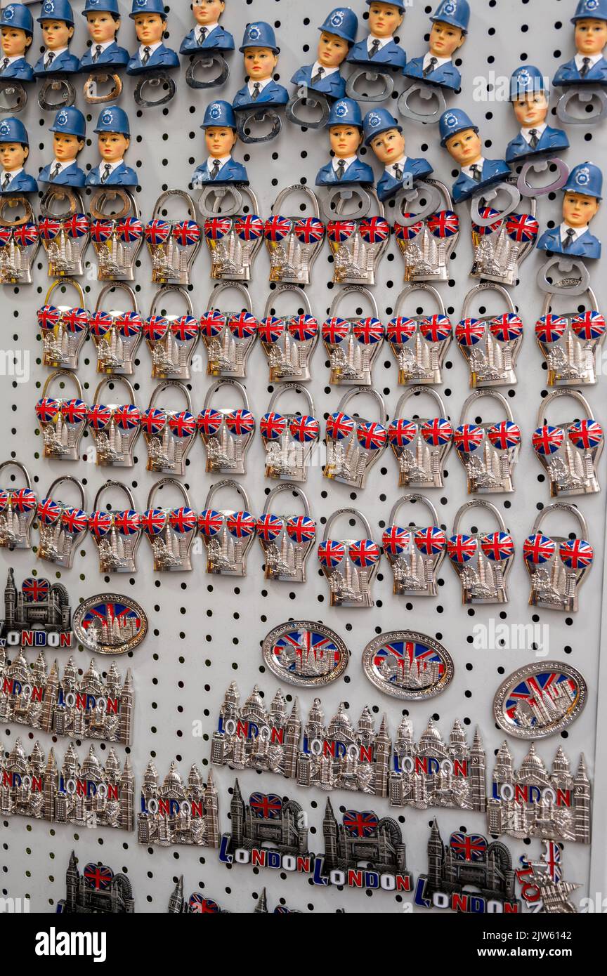 London, UK - August 22, 2022: Tacky tourist souvenirs from a shop off ...