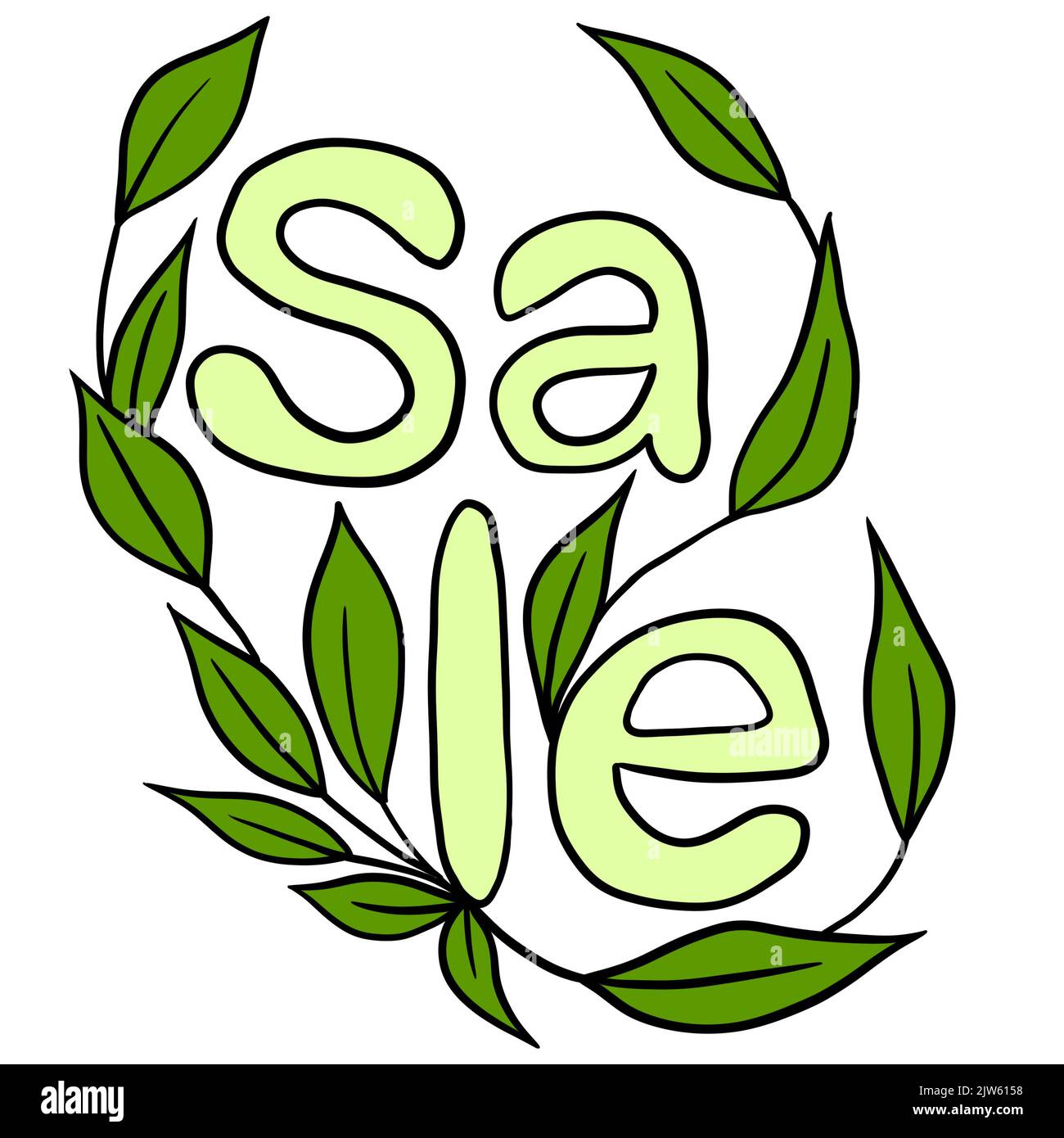 Hand drawn illsutration of percent discount sale with green leaves ...