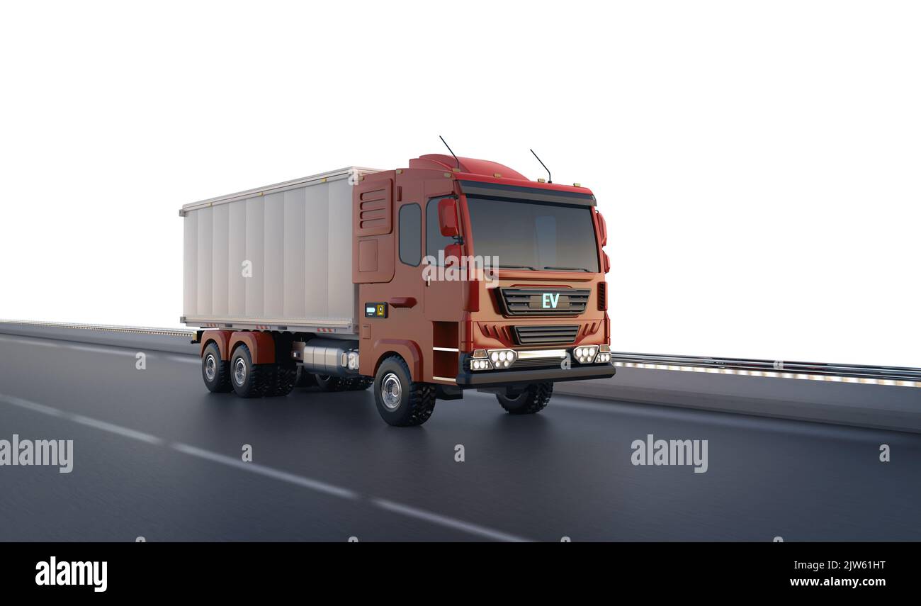 3d rendering ev logistic van trailer truck or lorry on highway with ...