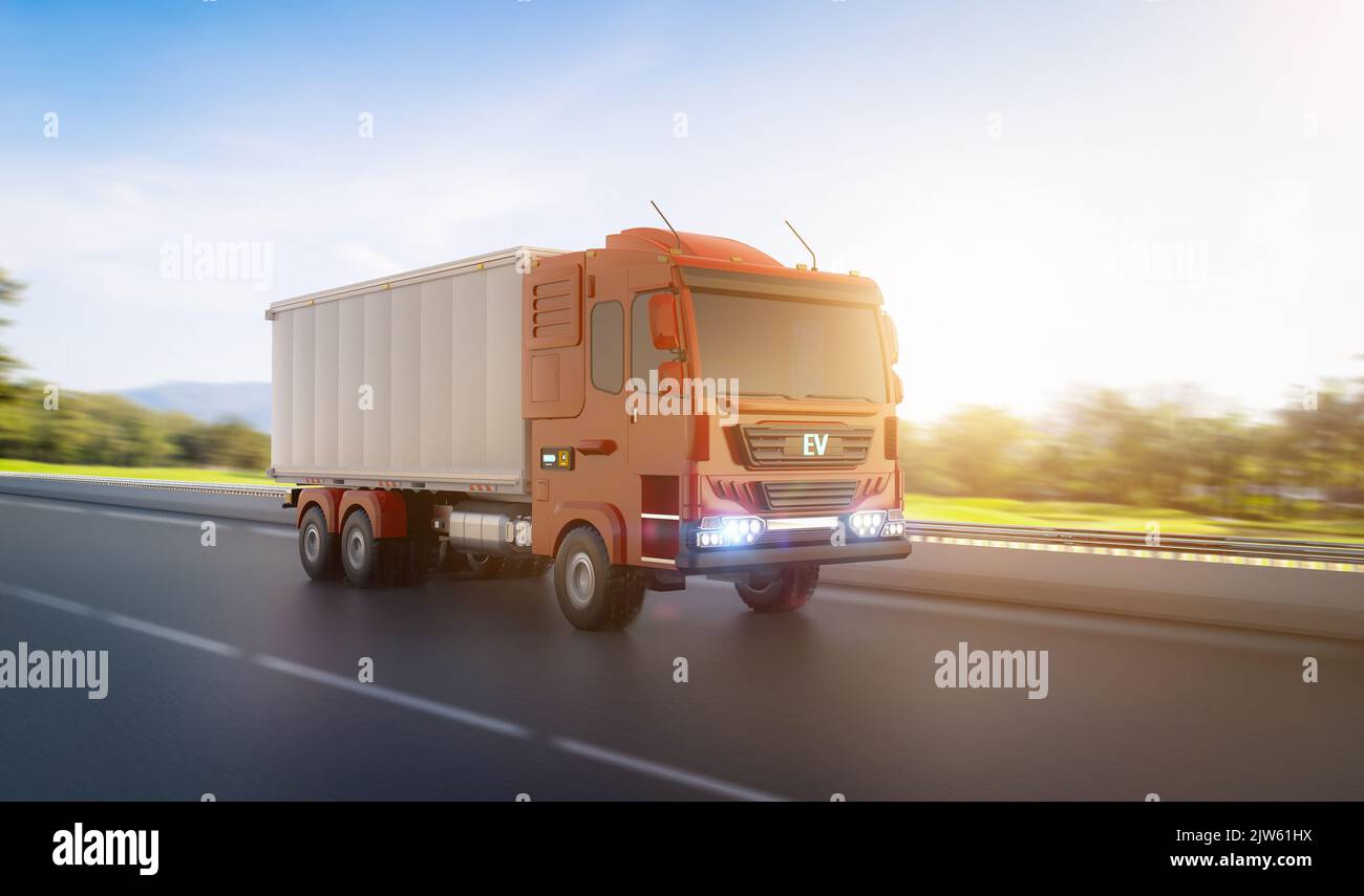 3d rendering ev logistic van trailer truck or lorry on highway Stock ...