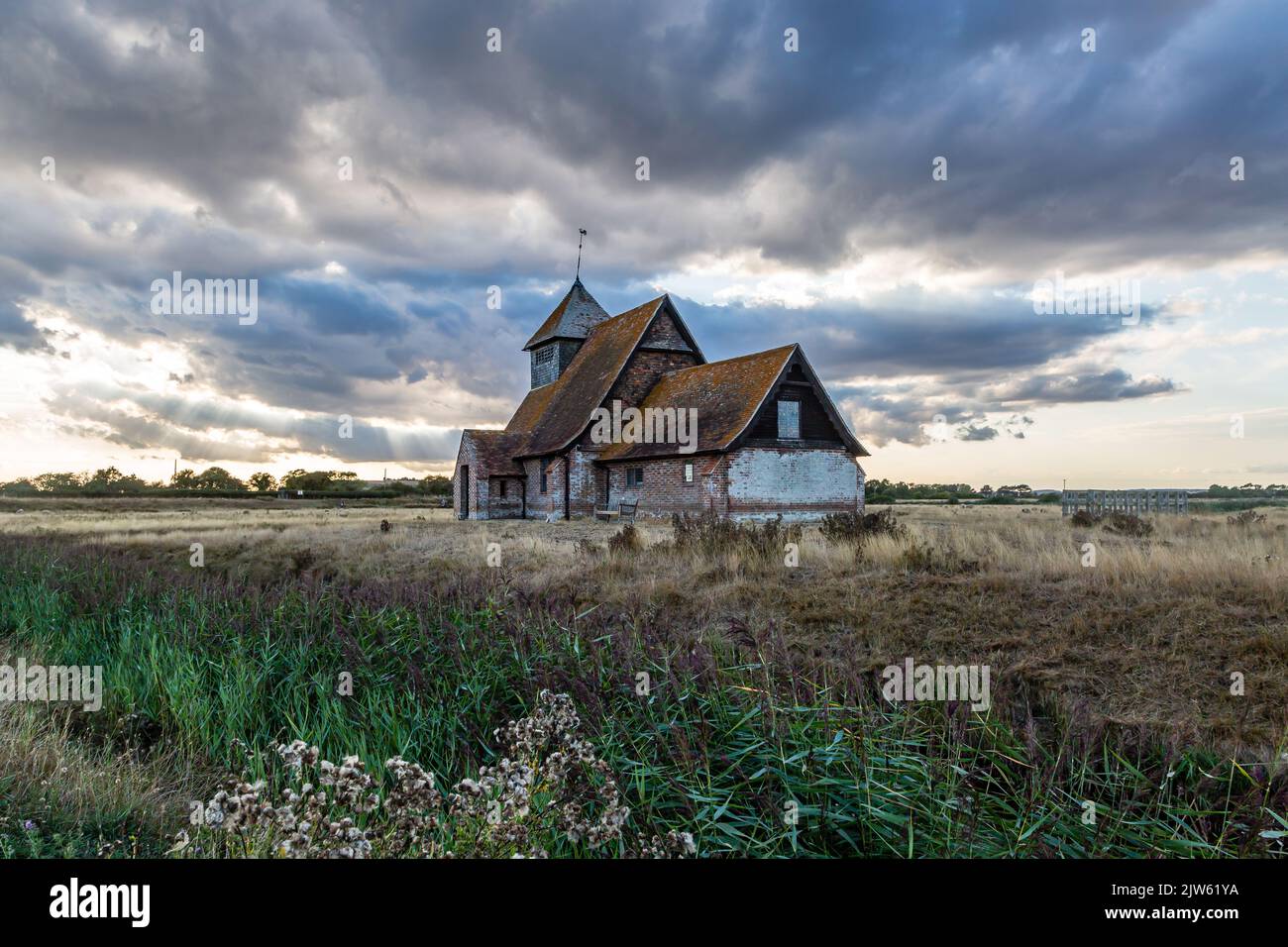St Thomas a Becket Church at Fairfield in Kent, with a Moody Sky ...