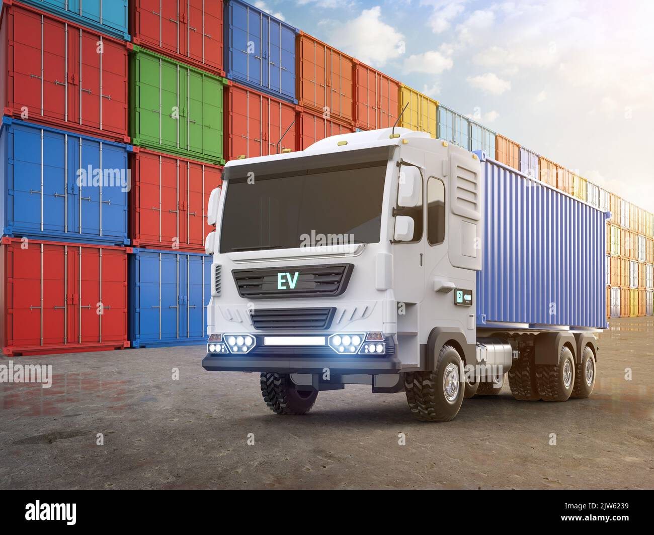 3d rendering ev logistic trailer truck or electric vehicle lorry at ...