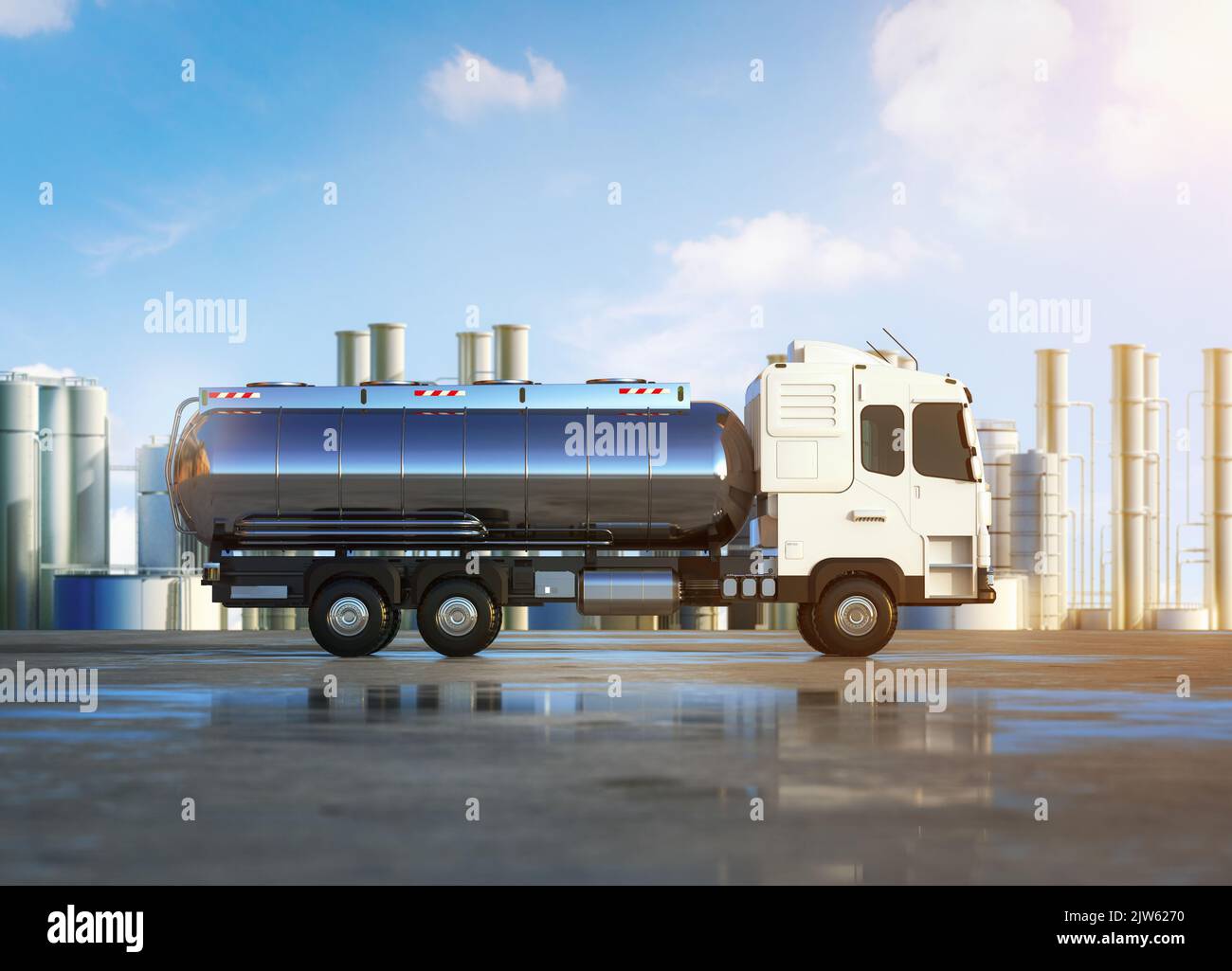 3d rendering logistic oil tank semi trailer truck at oil refinery Stock ...
