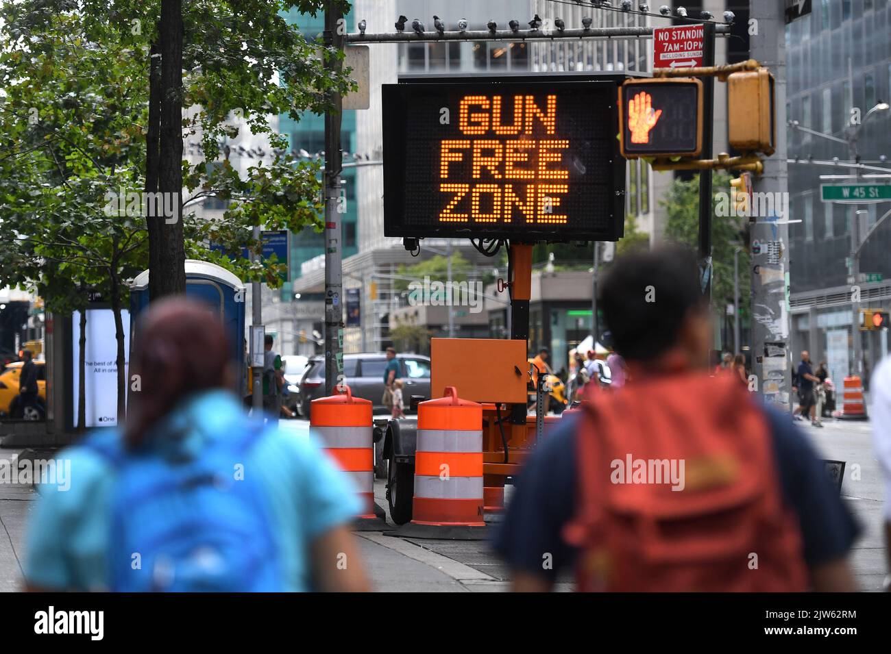 New York, USA. 03rd Sep, 2022. A digital sign displays “Gun Free Zone ...