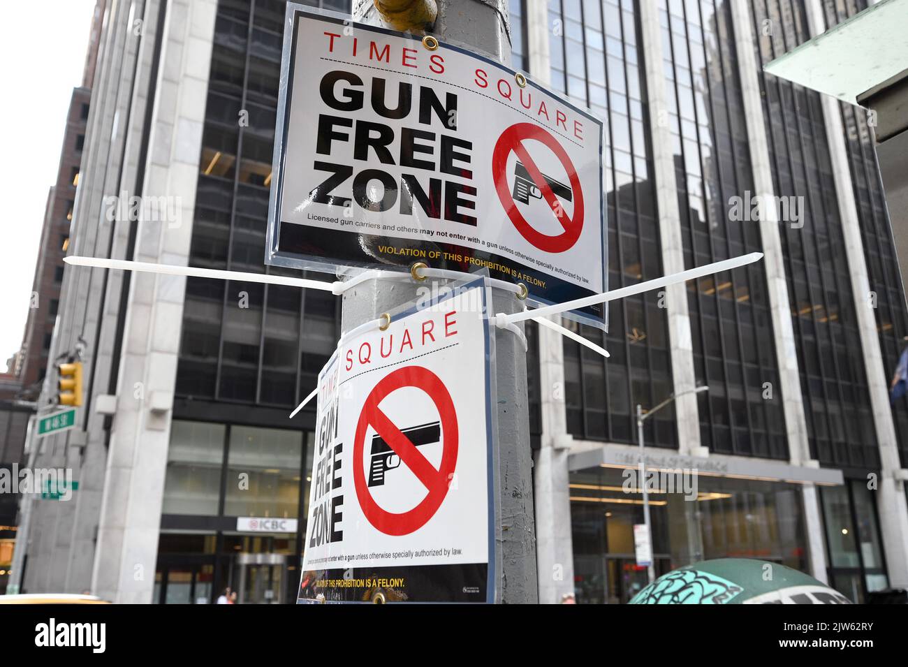 New York, USA. 03rd Sep, 2022. “Gun Free Zone” signs are attached to a ...