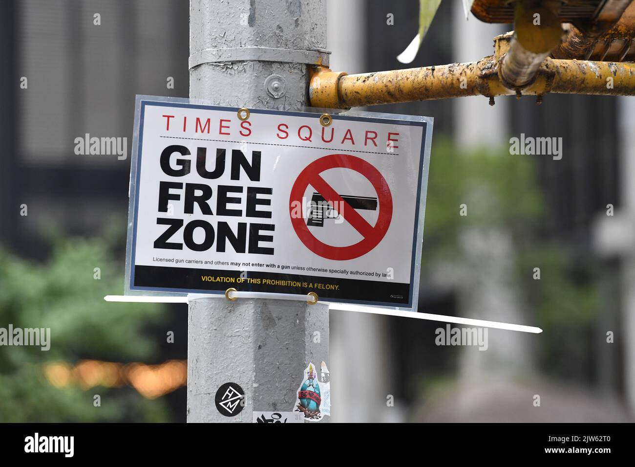 New York, USA. 03rd Sep, 2022. “Gun Free Zone” signs are attached to a ...
